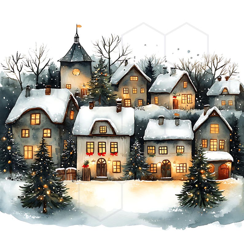 Watercolor Christmas Village Clipart: Winter Holiday Scene JPG Images ...