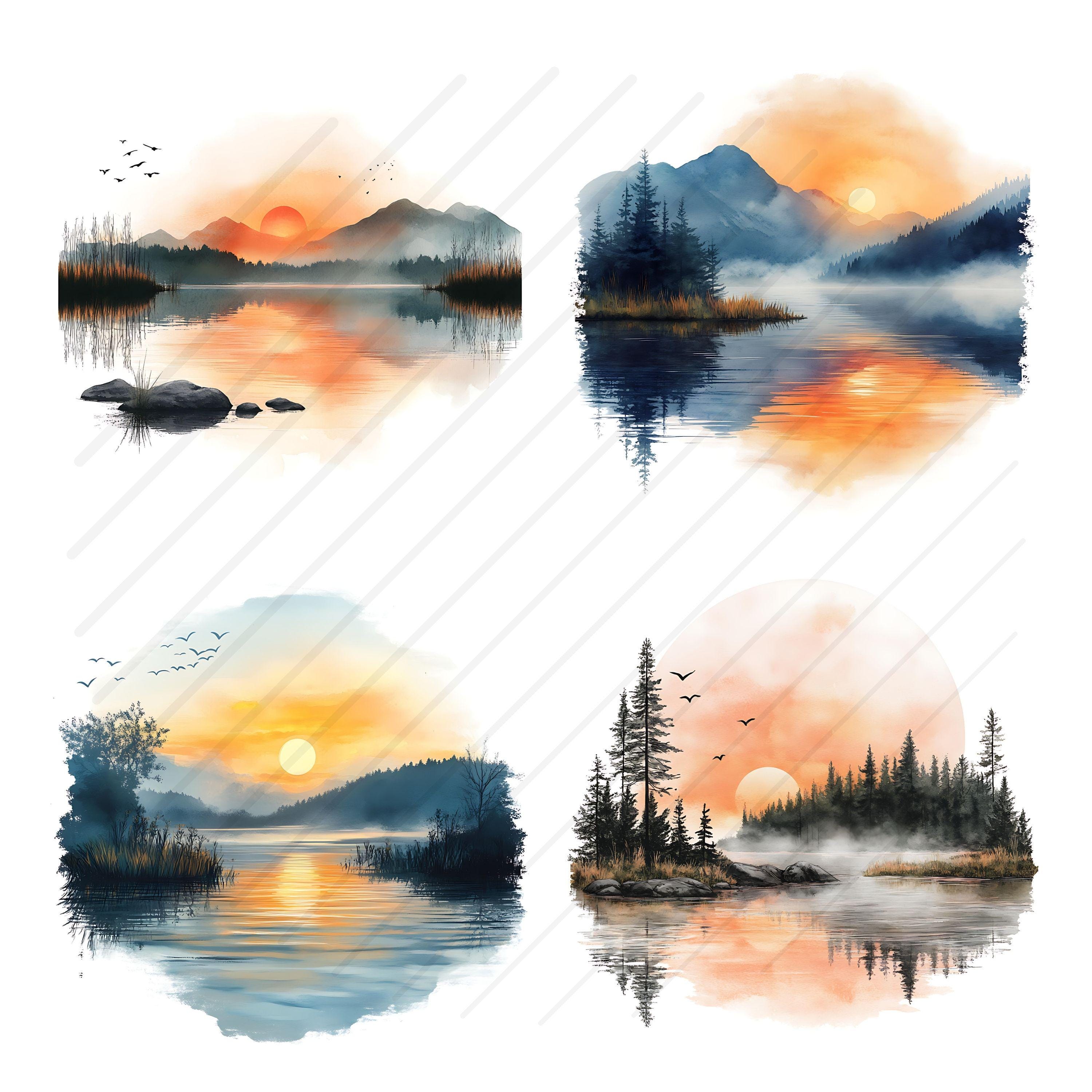 Lake Sunset Clipart Bundle JPG Images Mountain Lake Clipart Watercolor ...