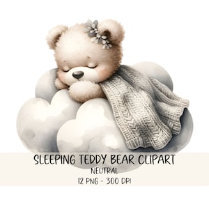 Cute Watercolor Teddy Bear Clipart Bundle Sleeping Teddybear Clipart ...