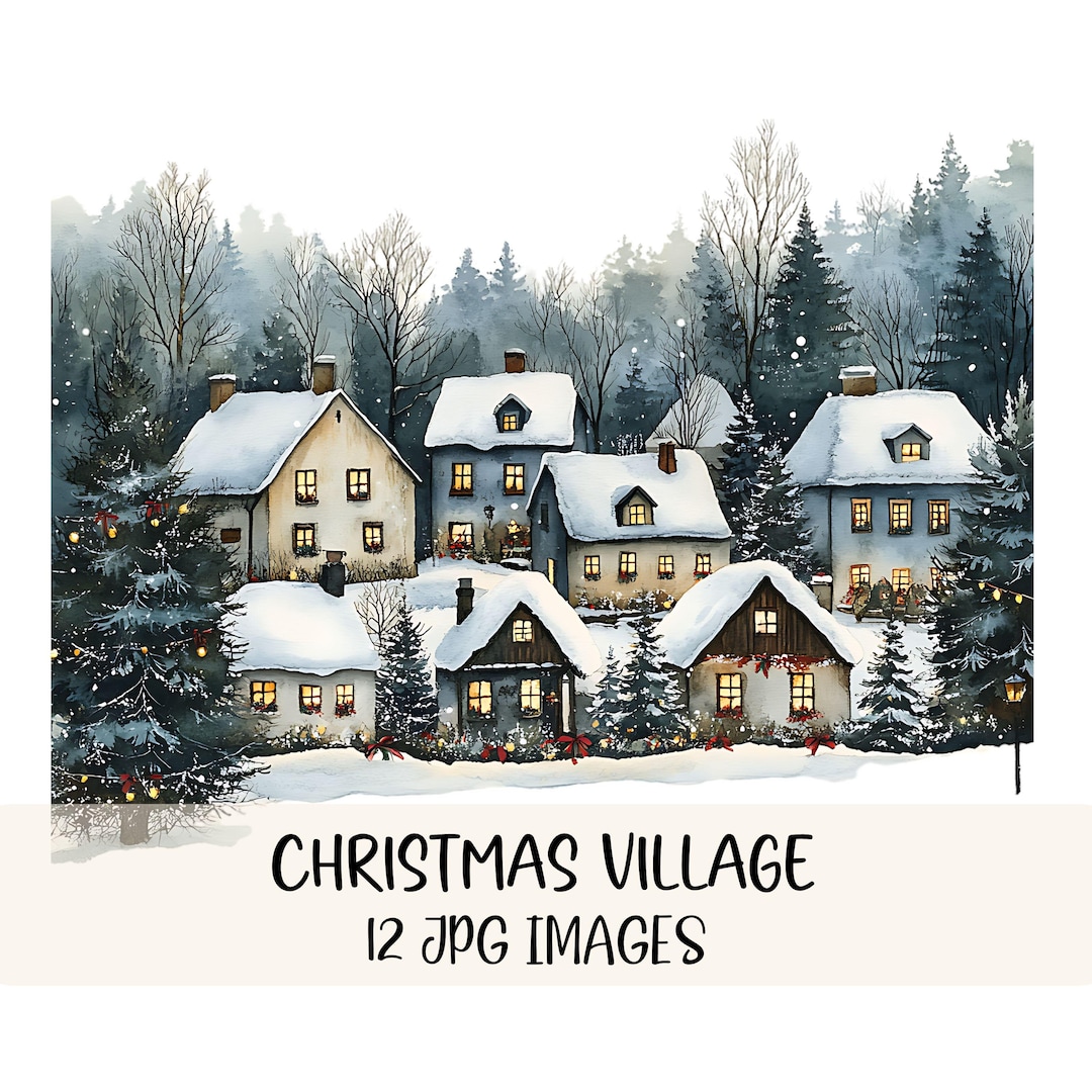 Watercolor Christmas Village Clipart: Winter Holiday Scene JPG Images ...