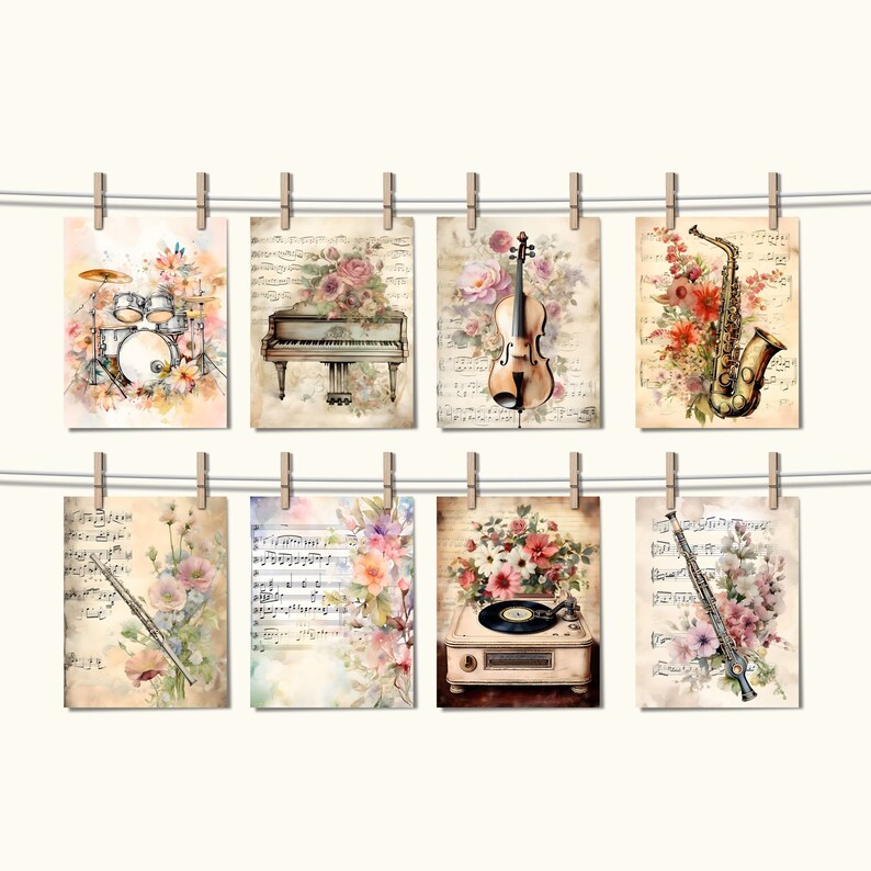 Musical Junk Journal Pages Watercolor Vintage Music Instruments Digital ...