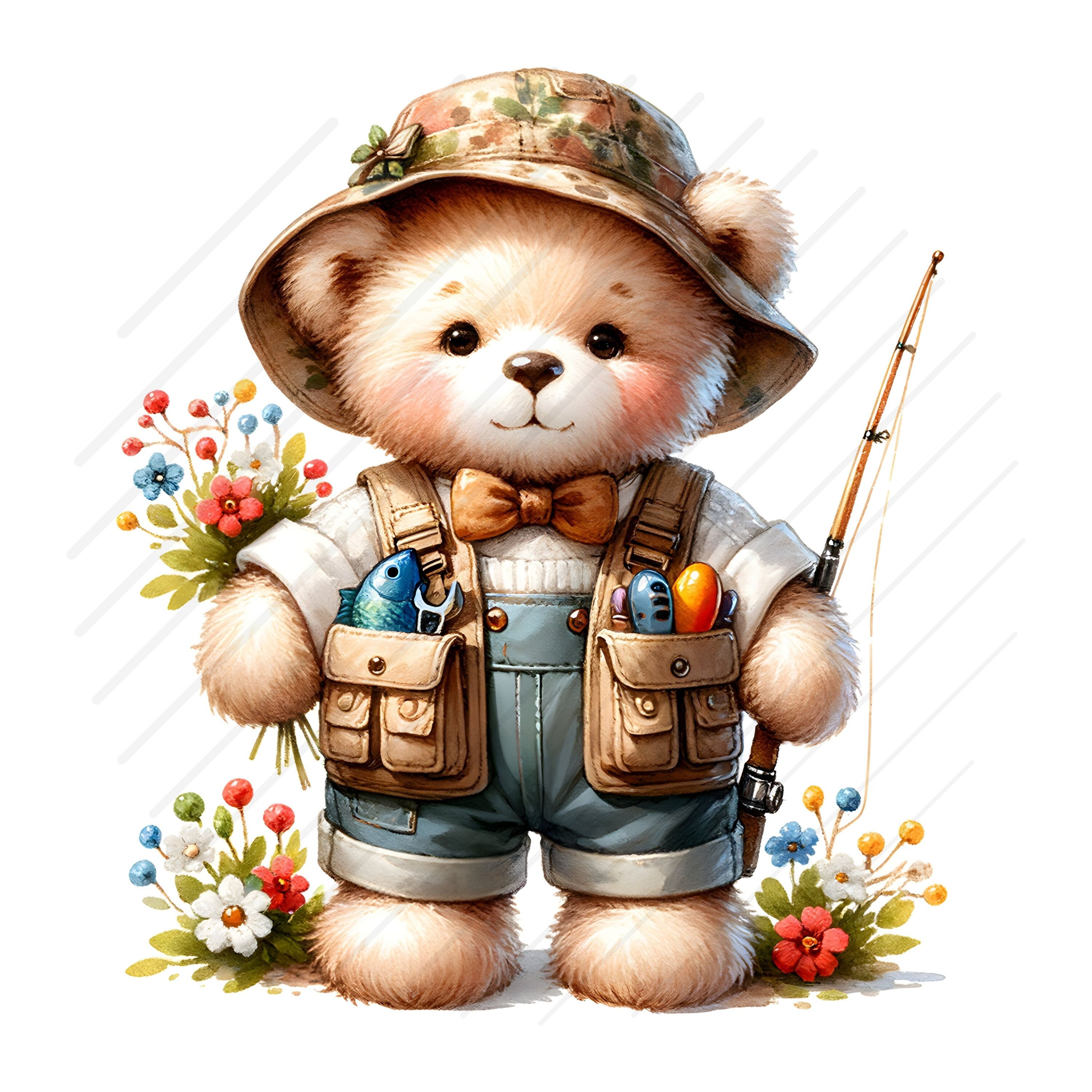 Fishing Teddy Bear Watercolor Clipart Bundle Cute Bear Clipart JPG ...