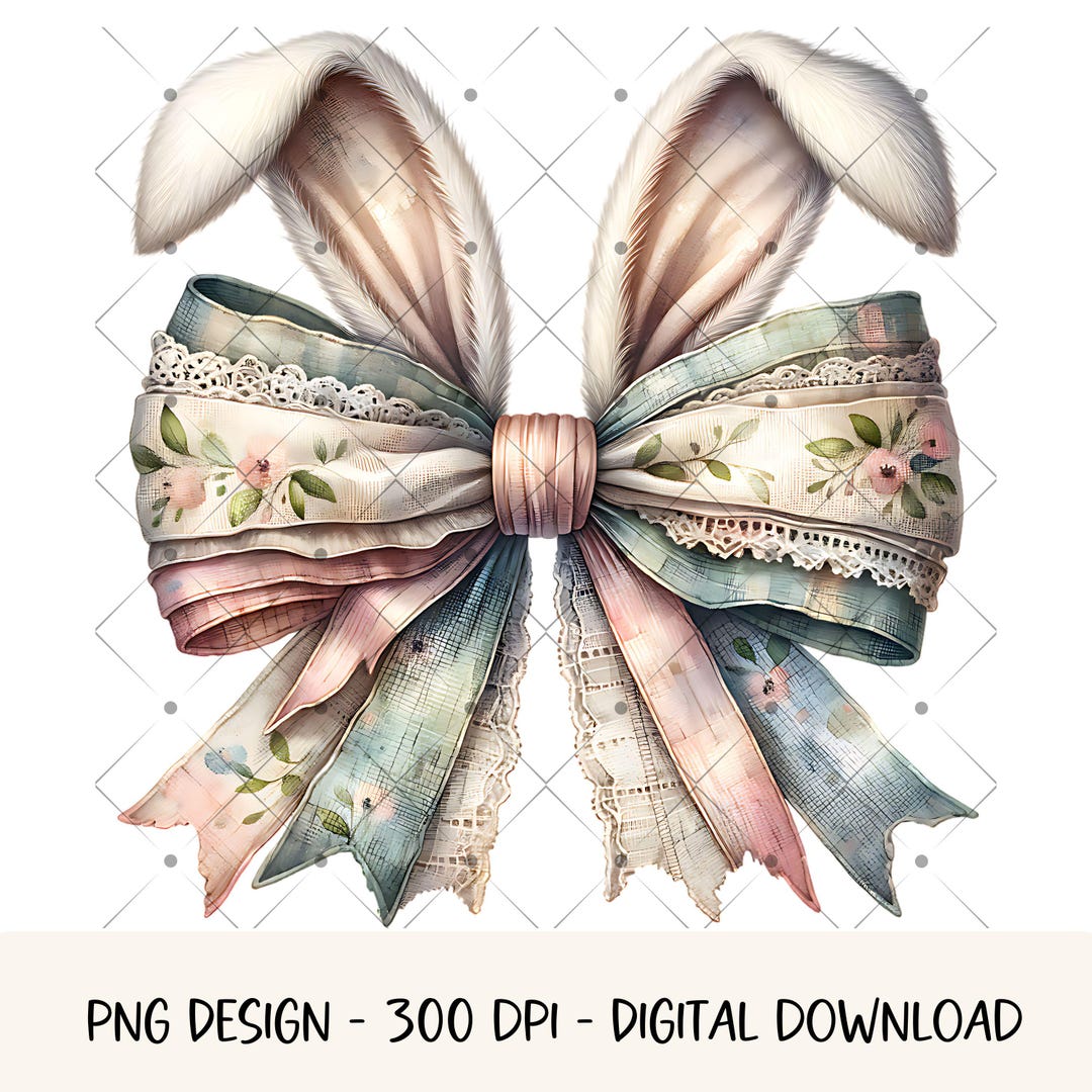 Coquette Easter PNG Bunny Ears PNG Tshirt Design Watercolor Easter Bow ...