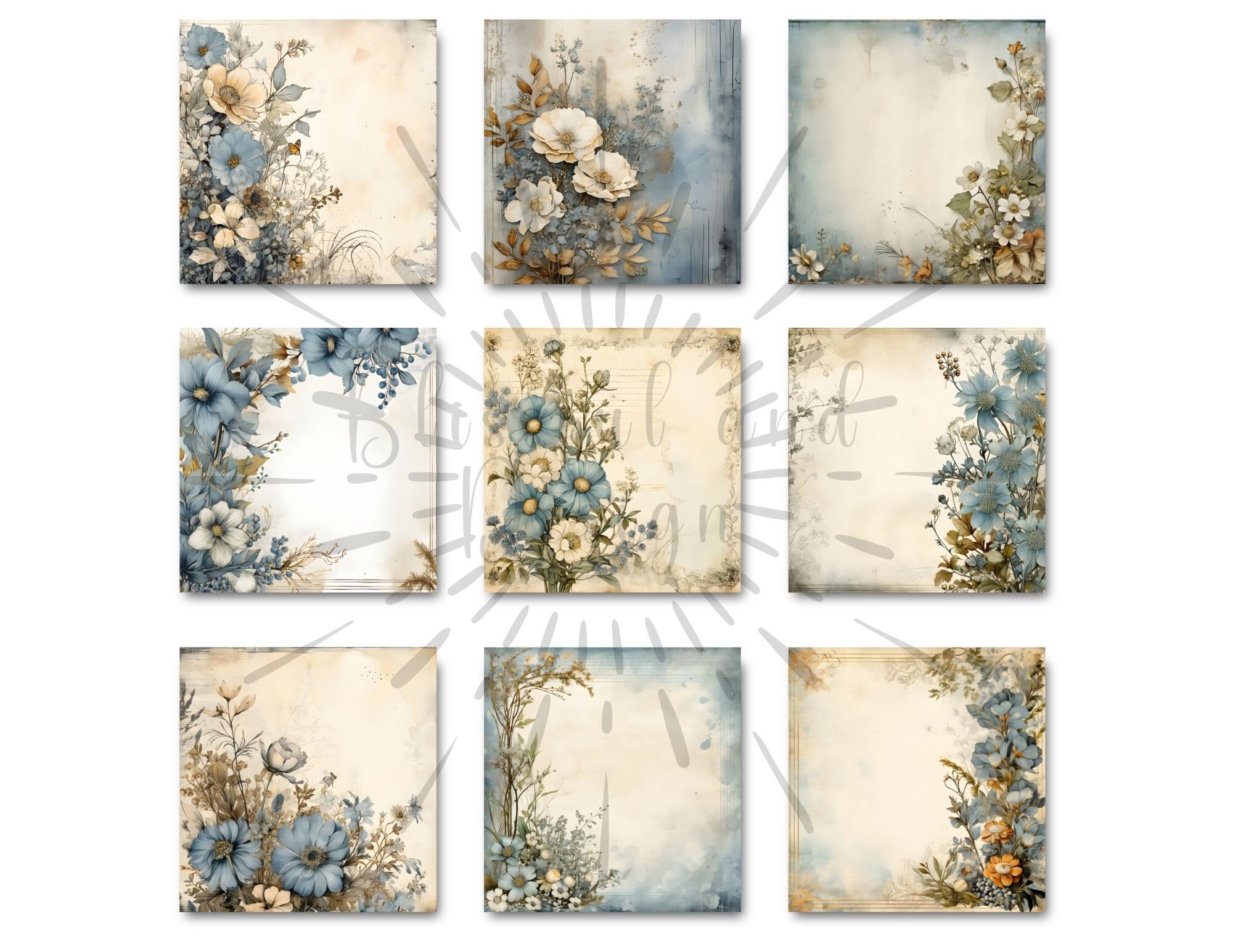 Blue Floral Watercolor Scrapbook Paper Digital Junk Journal Vintage ...