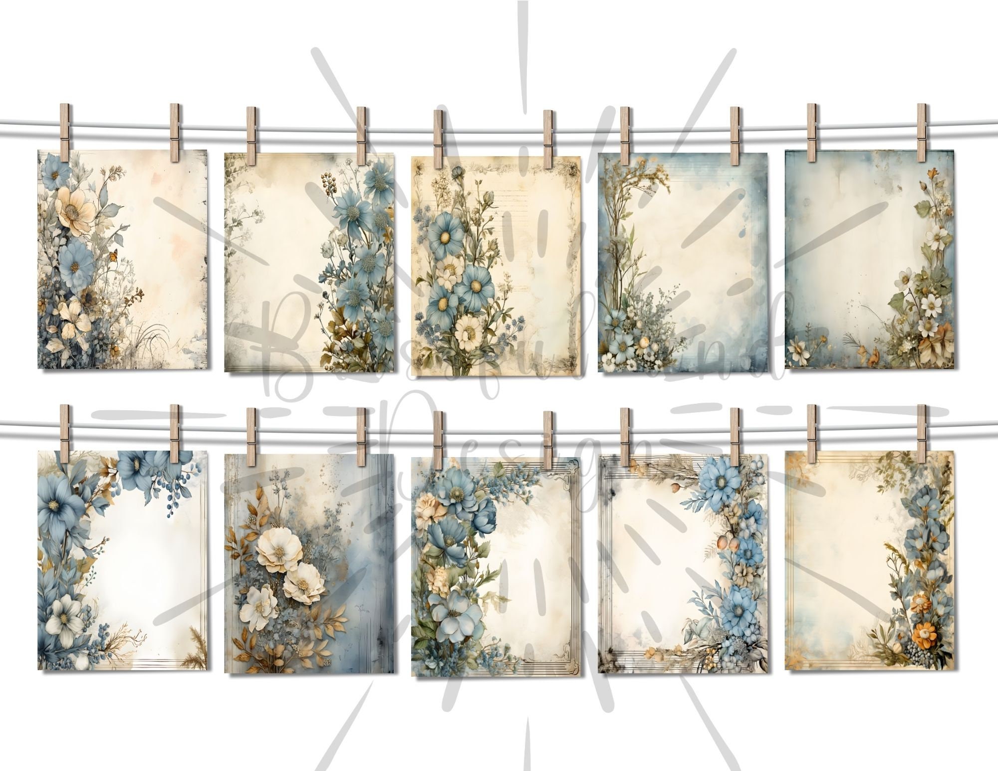 Blue Floral Watercolor Scrapbook Paper Digital Junk Journal Vintage ...