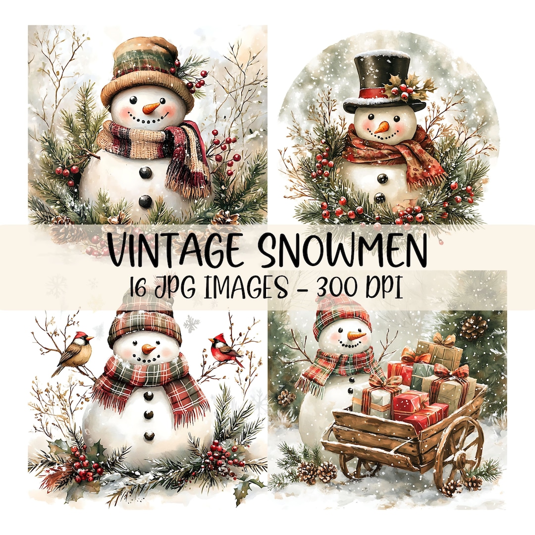 Vintage Snowman Clipart Bundle Christmas Clipart Watercolor Snowman JPG ...