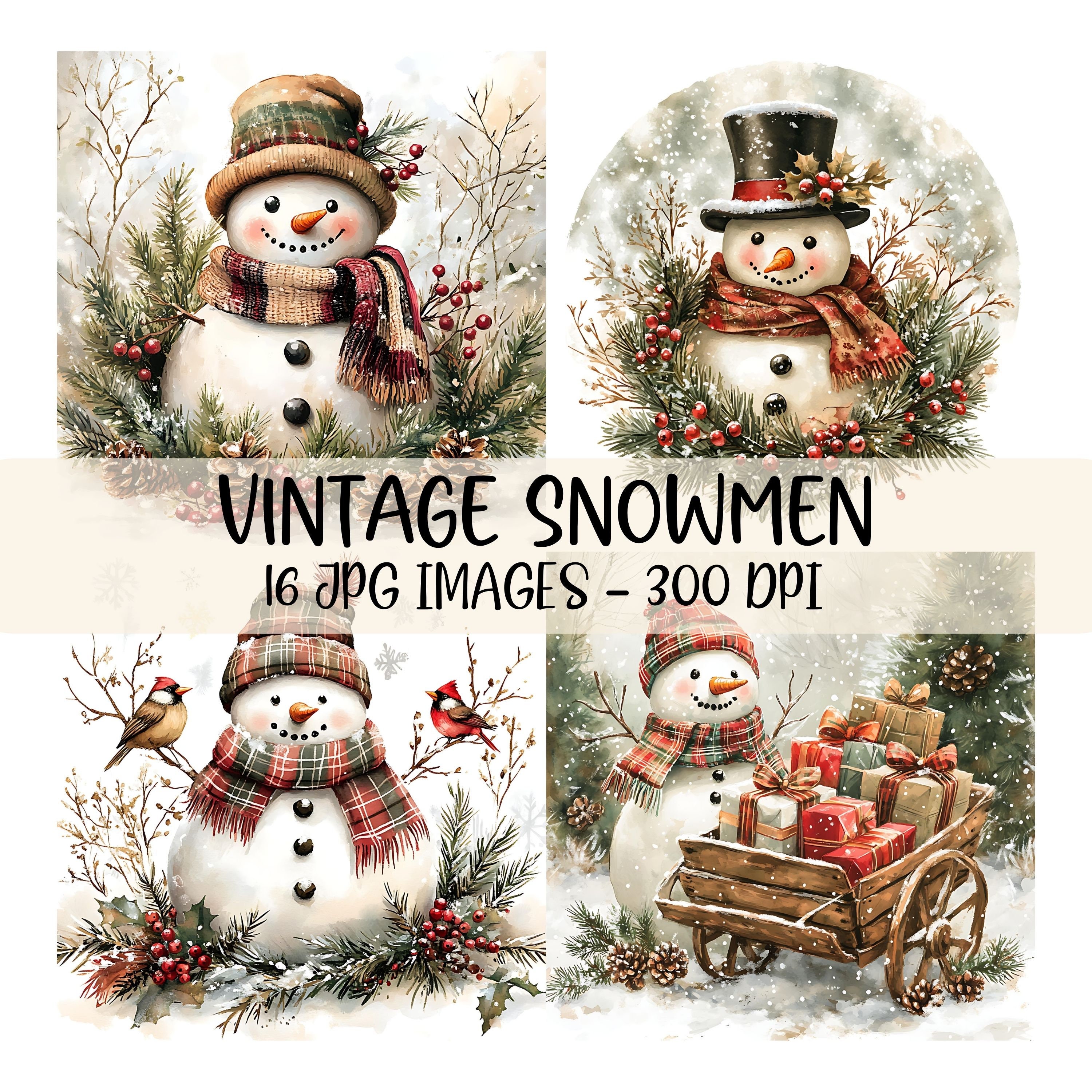 Vintage Snowman Clipart Bundle Christmas Clipart Watercolor Snowman JPG ...
