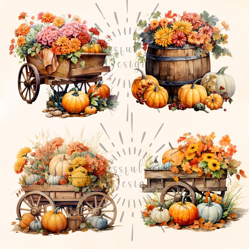 Watercolor Pumpkins in Wagon Clipart Autumn Clipart PNG Thanksgiving ...