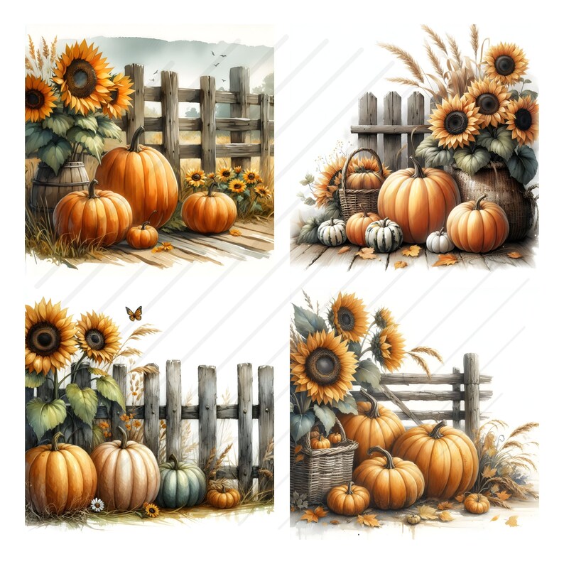 Watercolor Fall Pumpkin Clipart Bundle Sunflower Autumn Harvest Clip ...