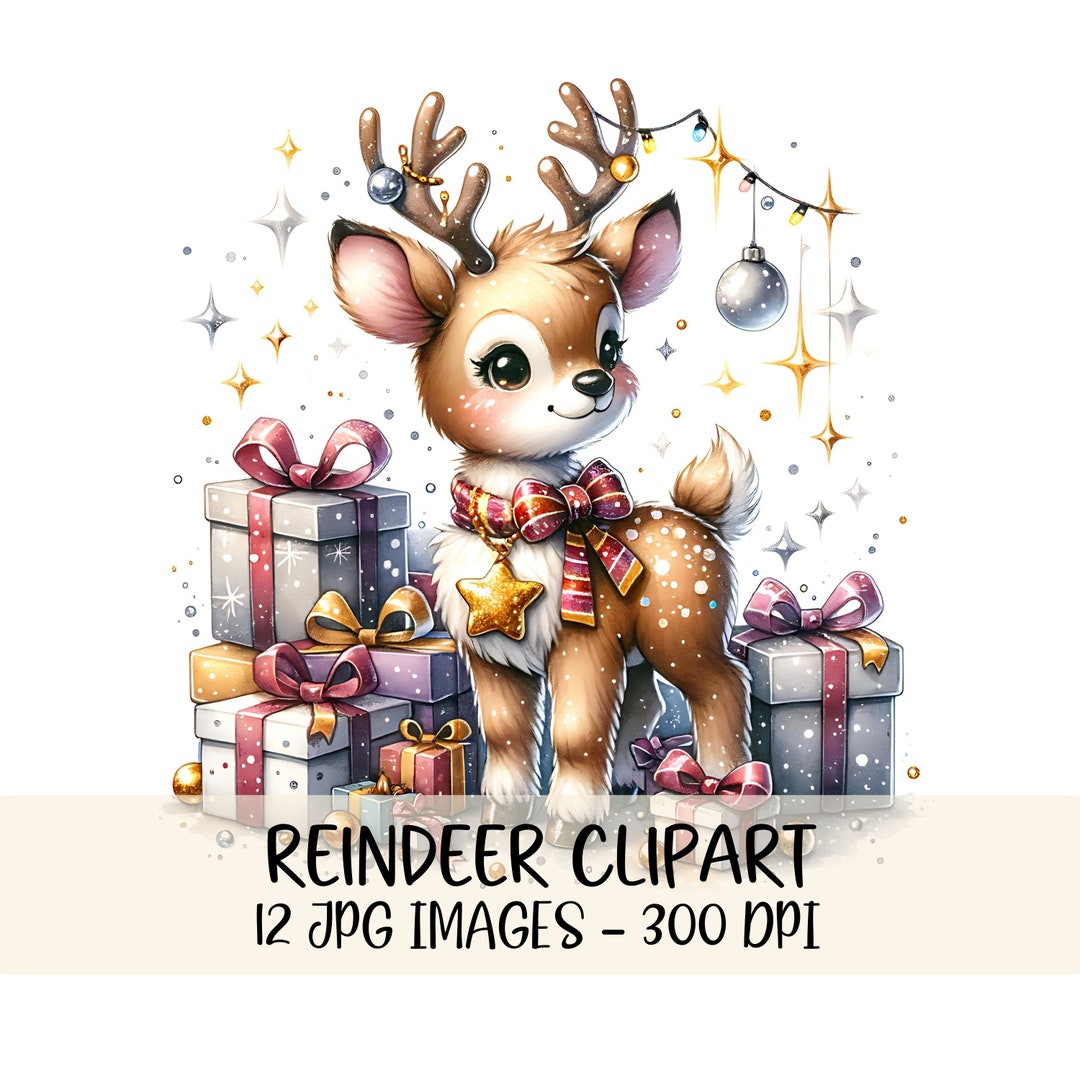 Cute Reindeer Clipart Bundle JPG Images Christmas Reindeer Watercolor ...