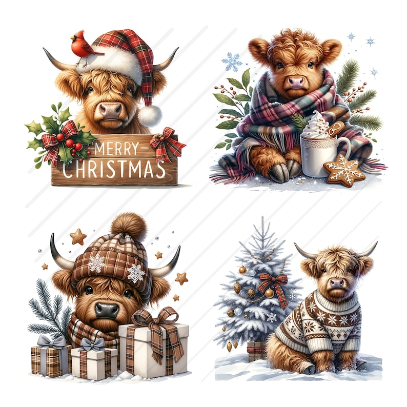 Christmas Highland Cow Clipart Bundle Cute Highland Cow Design JPG ...