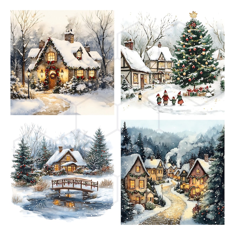 Watercolor Christmas Village Clipart Christmas Winter Scenes Clipart ...
