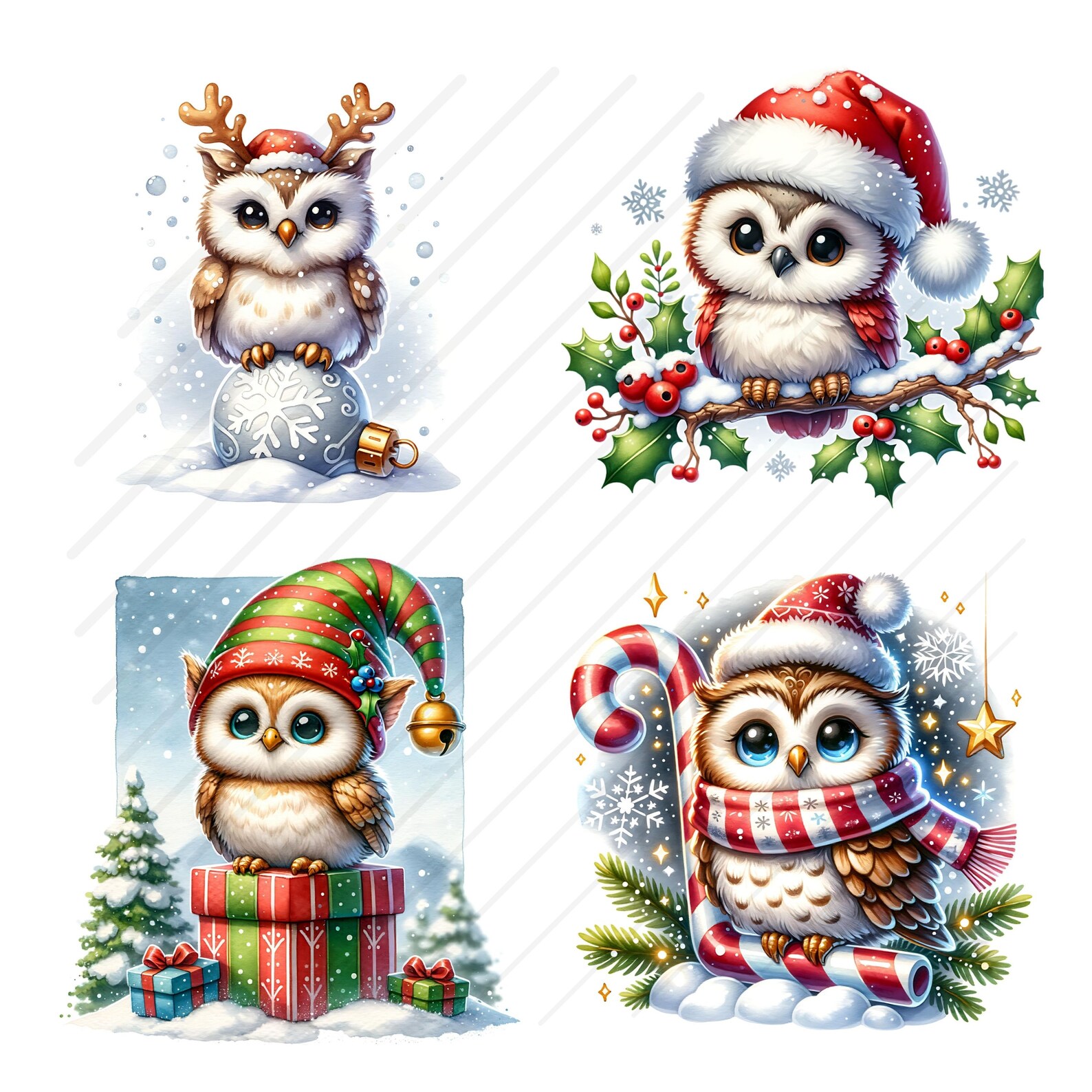 Christmas Owl Clipart Cute Winter Owl Art Festive Animal Clipart ...