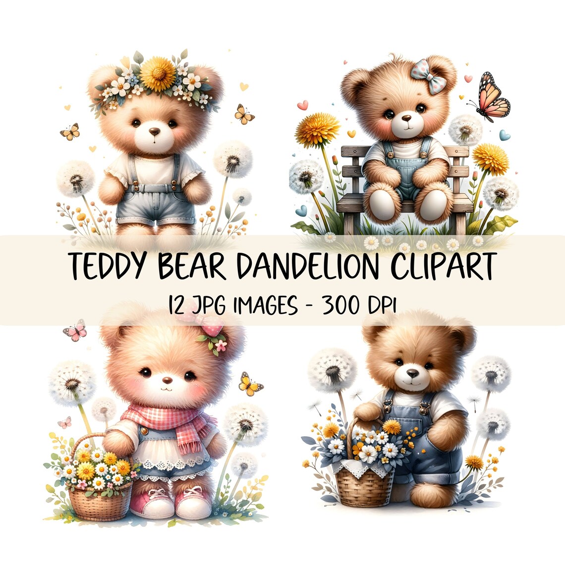 Teddy Bear Watercolor Clipart Bundle Cute Bear Clipart JPG Image ...