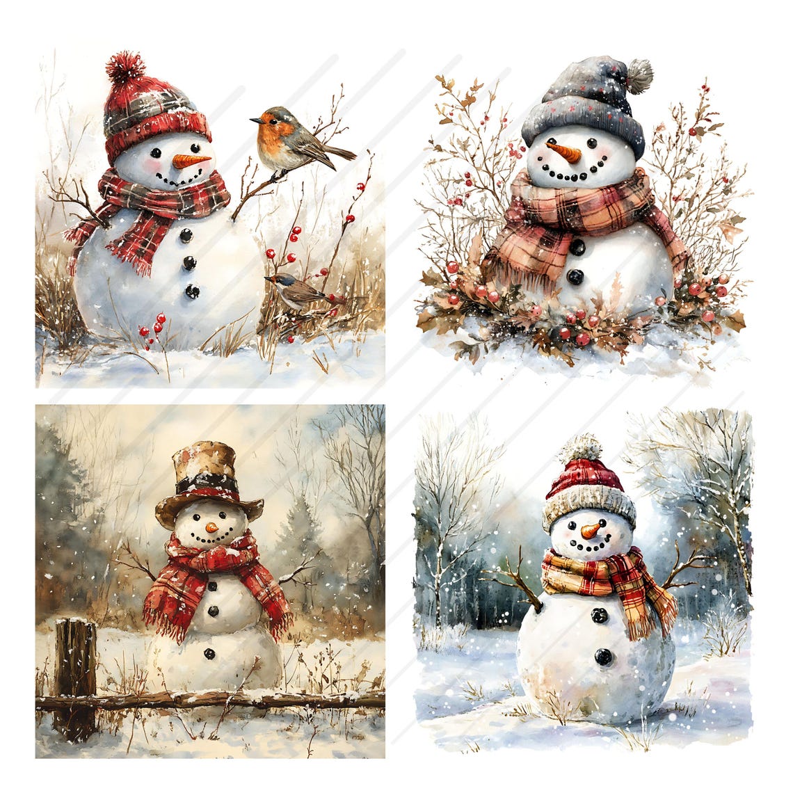 Vintage Snowman Clipart Bundle Christmas Clipart Watercolor Snowman JPG ...