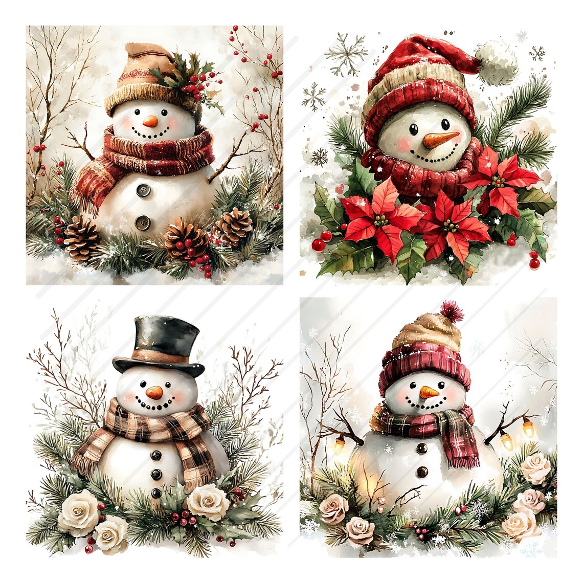 Vintage Snowman Clipart Bundle Christmas Clipart Watercolor Snowman JPG ...