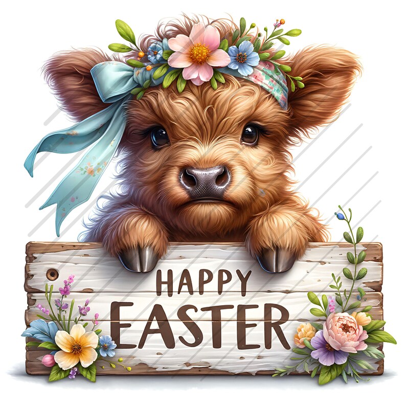 Easter Highland Cow Clipart Bundle Spring Watercolor JPG Images ...