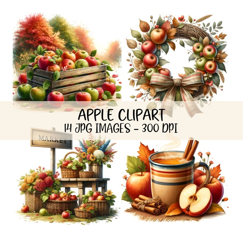 Watercolor Apple Clipart Bundle Fall Harvest Clipart Printable Fruit ...