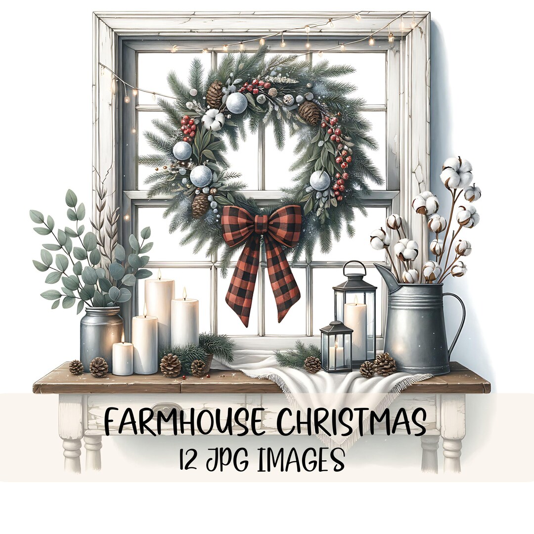 Watercolor Farmhouse Christmas Clipart: Rustic Holiday JPG Images ...
