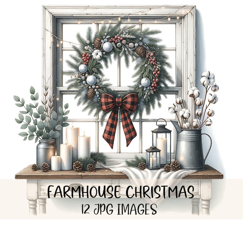 Watercolor Farmhouse Christmas Clipart: Rustic Holiday JPG Images ...