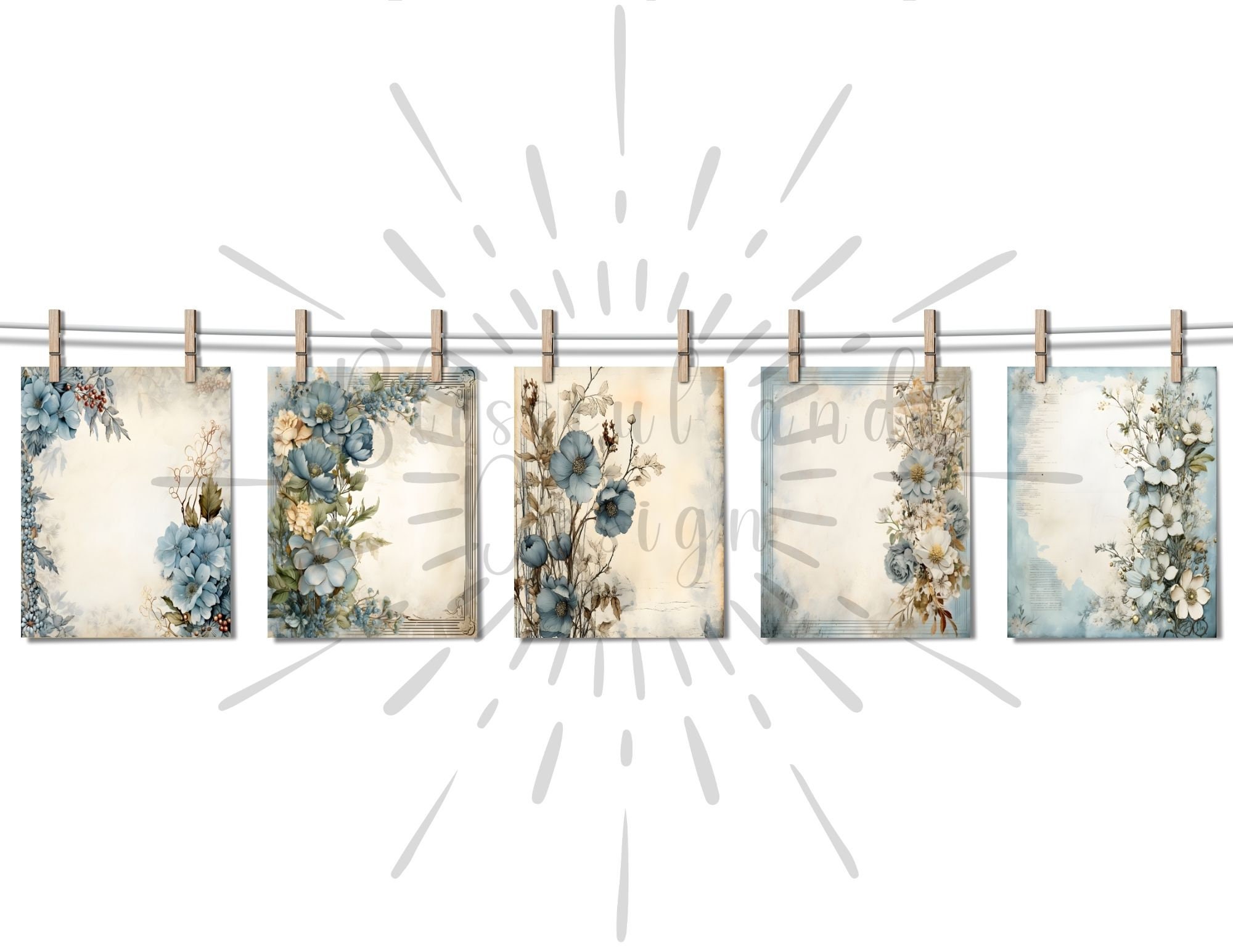 Blue Floral Watercolor Scrapbook Paper Digital Junk Journal Vintage ...