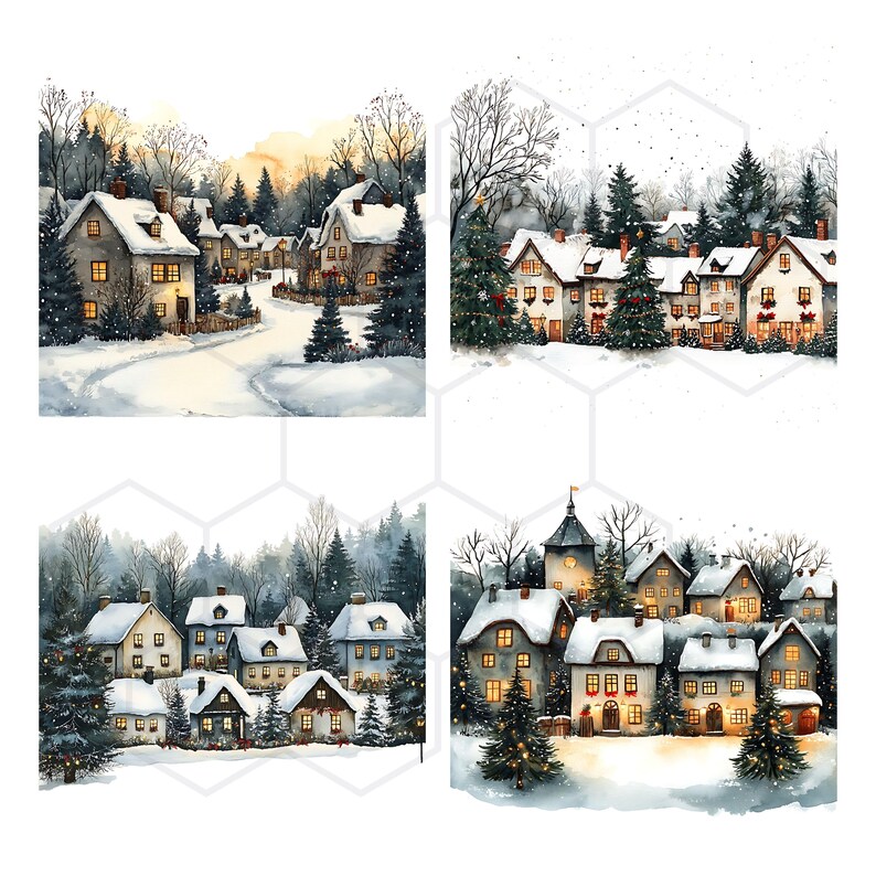 Watercolor Christmas Village Clipart: Winter Holiday Scene JPG Images ...