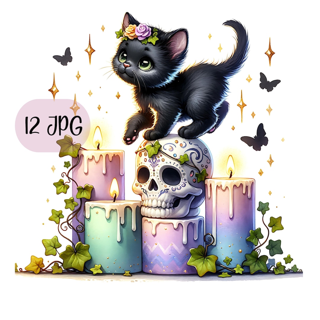 Halloween Black Cat Clipart Bundle: Watercolor Kitten Illustrations ...
