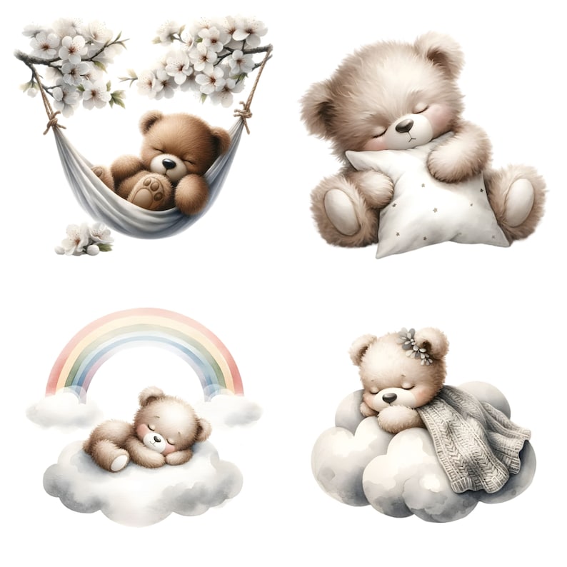 Cute Watercolor Teddy Bear Clipart Bundle Sleeping Teddybear Clipart ...