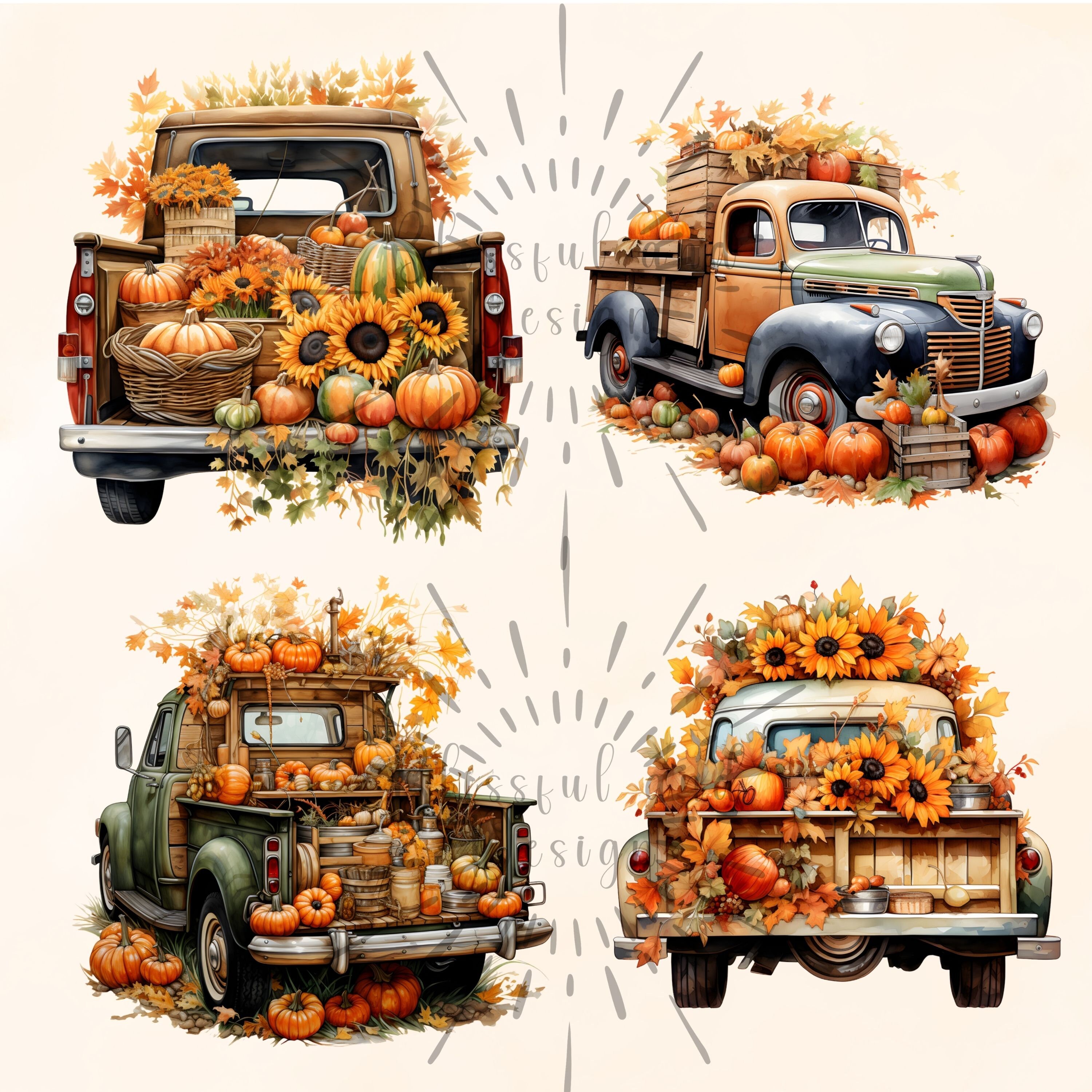 Watercolor Pickup Truck and Pumpkins Clipart Autumn Scenery ...