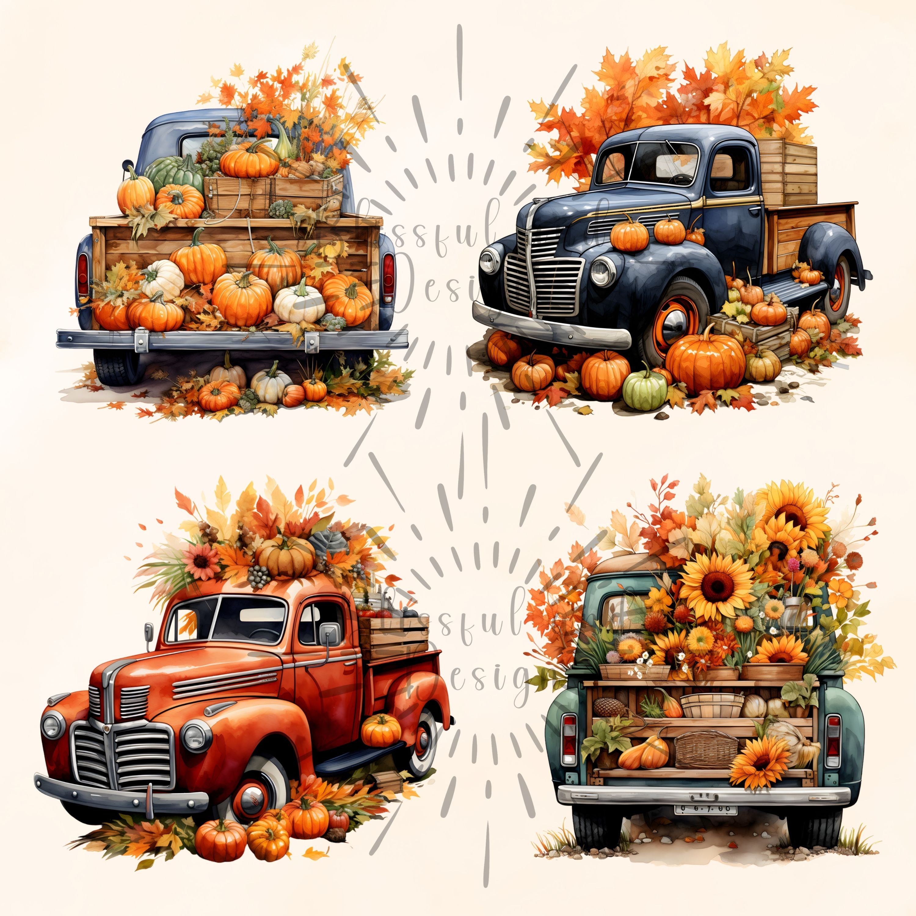 Watercolor Pickup Truck and Pumpkins Clipart Autumn Scenery ...
