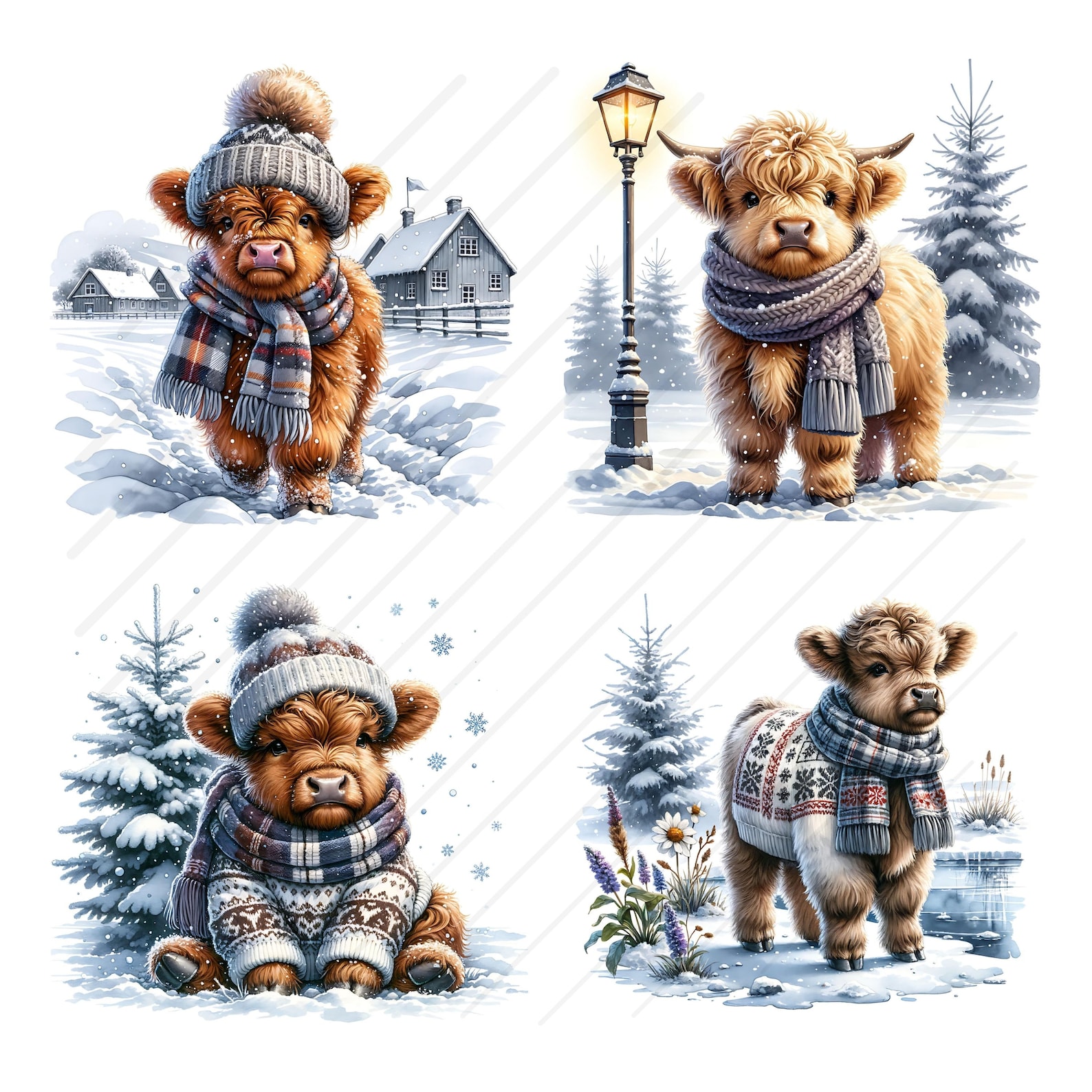Winter Highland Cow Clipart Bundle Cute Highland Cow Design JPG Images ...