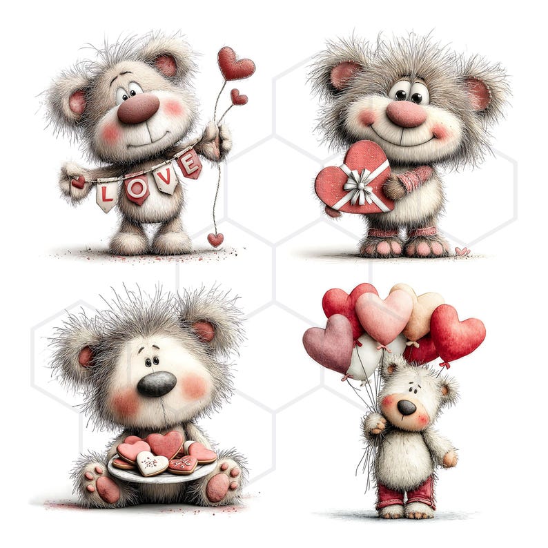Valentine Teddy Bear Clipart Bundle Whimsical Bear Graphics JPG Images ...