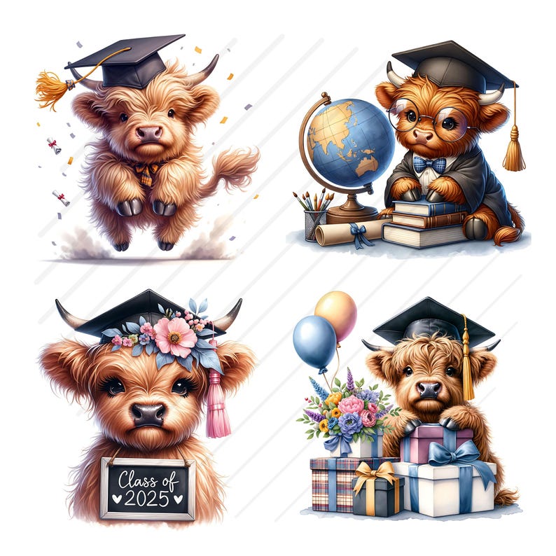 Highland Cow Clipart Graduate Graduation Clipart Bundle Cute Highland ...