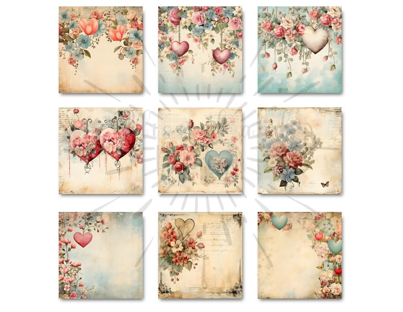 Hearts Floral Shabby Chic Digi Junk Journal Paper Watercolor Vintage ...