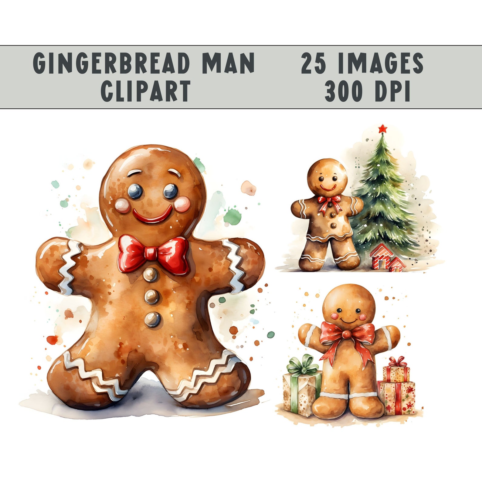 Gingerbread Man Clipart Watercolor Christmas PNG Digital Download Image ...