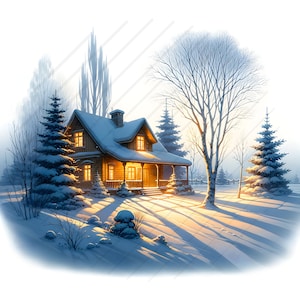 Cozy Winter Cottage Clipart Snowy Scene Digital Art Cottagecore ...