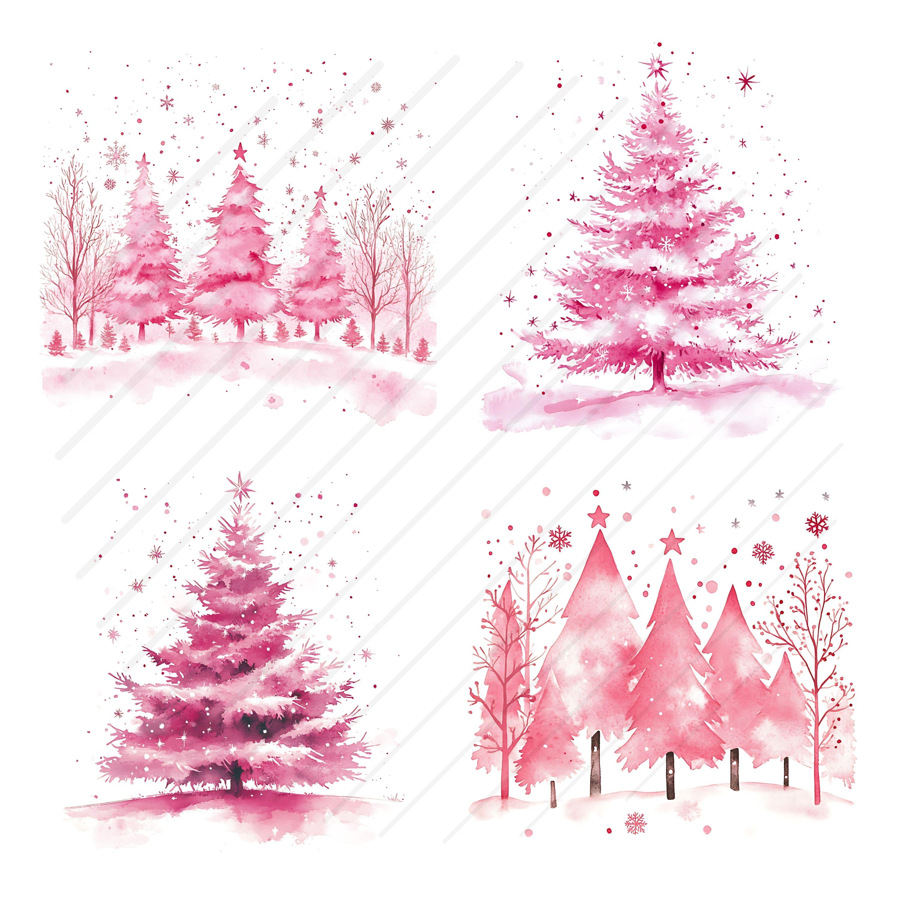 Pink Christmas Pine Tree Clipart: Watercolor Winter Landscape (JPG ...