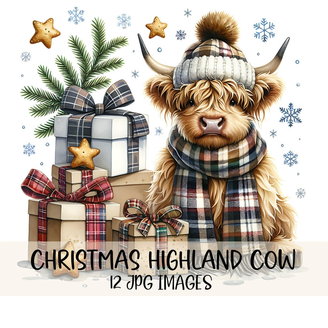 Christmas Highland Cow Clipart Bundle Cute Highland Cow Design JPG ...