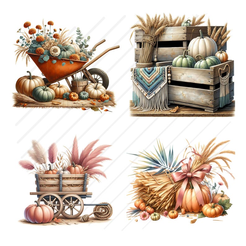 Boho Fall Clipart Bundle Autumn Harvest Clip Art Printable Pumpkin ...