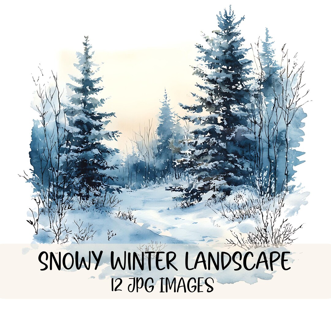 Watercolor Winter Landscape Clipart: Snowy Pine Tree Forest (JPG Images ...