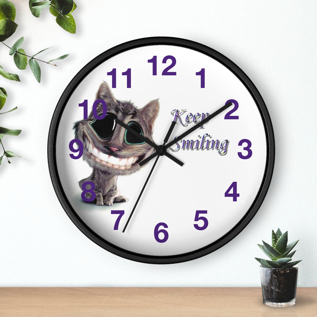 Keep Smiling Cat Wall Clock - Cute Kitten Graphic Silent Operating ...