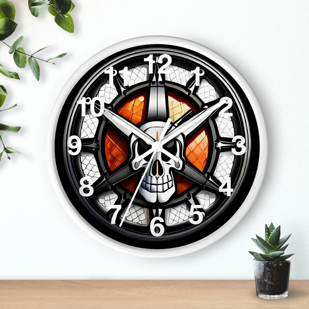 Silent Wall Clock - Harley Style Skull Clock | Black and Orange Analog ...