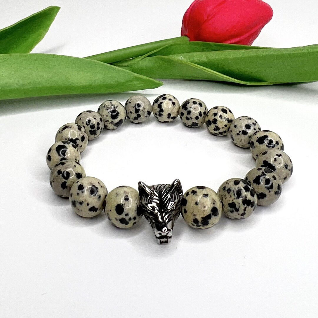 Handmade Silver Wolf Beige Black Dalmatian Stretch Beaded Bracelet ...