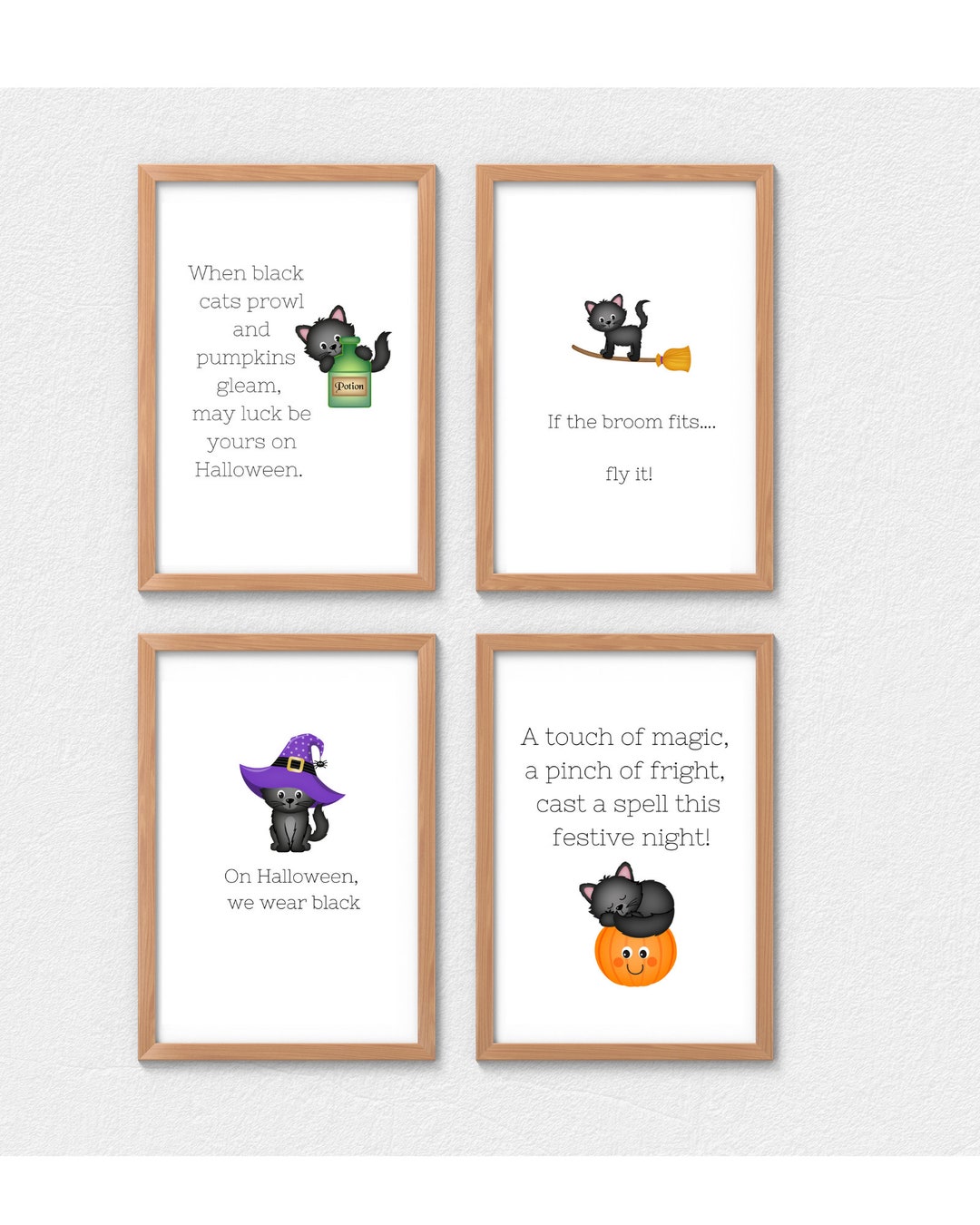 Set of 4 Black Cat Wall Art Printable, Halloween Png - Etsy