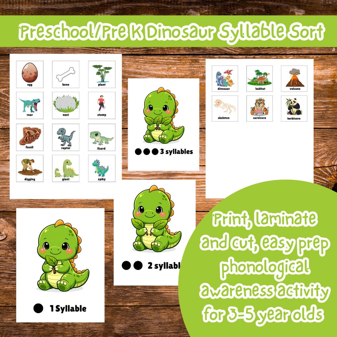 Dinosaur Syllable Sort Printable | Preschool Phonics Activity ...