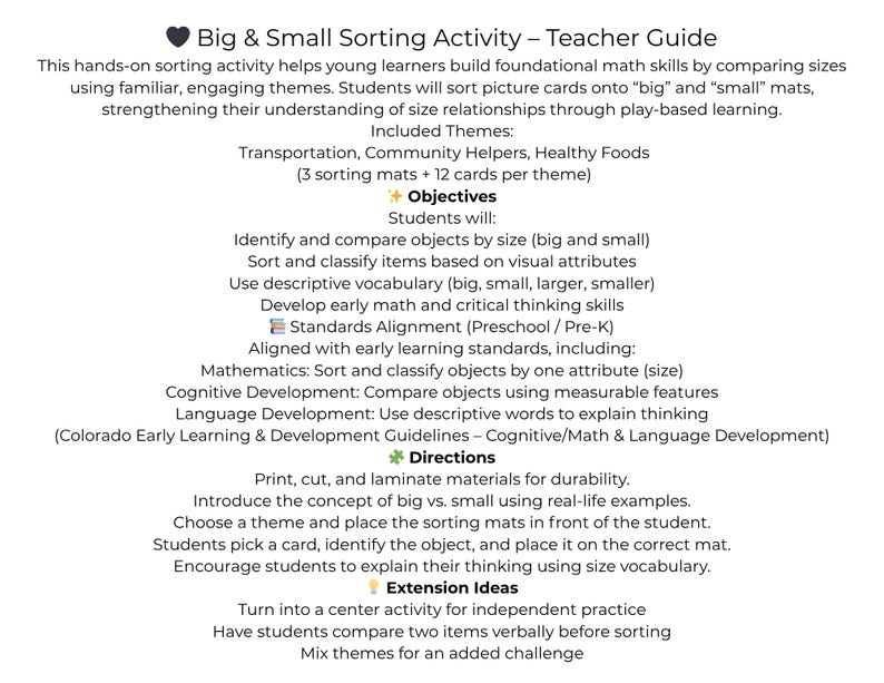 Big Small Sorting Activity Preschool Math Center Printable Size ...