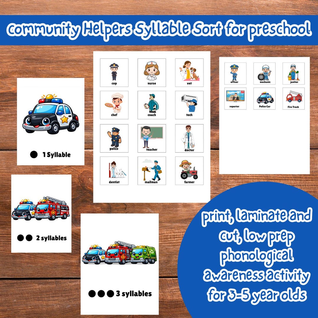 Community Helpers Syllable Sorting Activity | Preschool Phonological ...