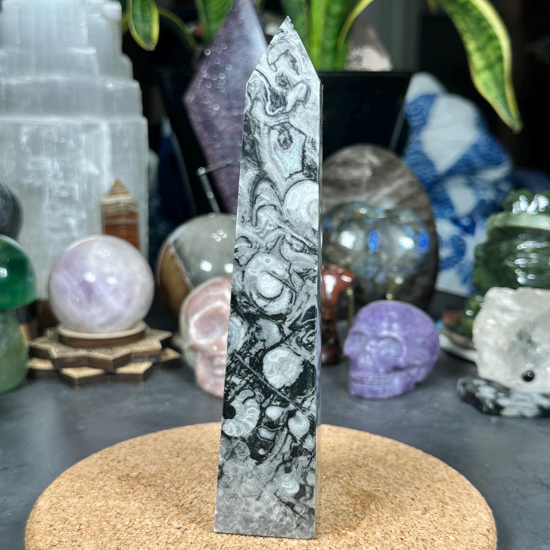 Fossil Stone Obelisk Tower – Ancient Sea Energy & Greyscale Swirl ...