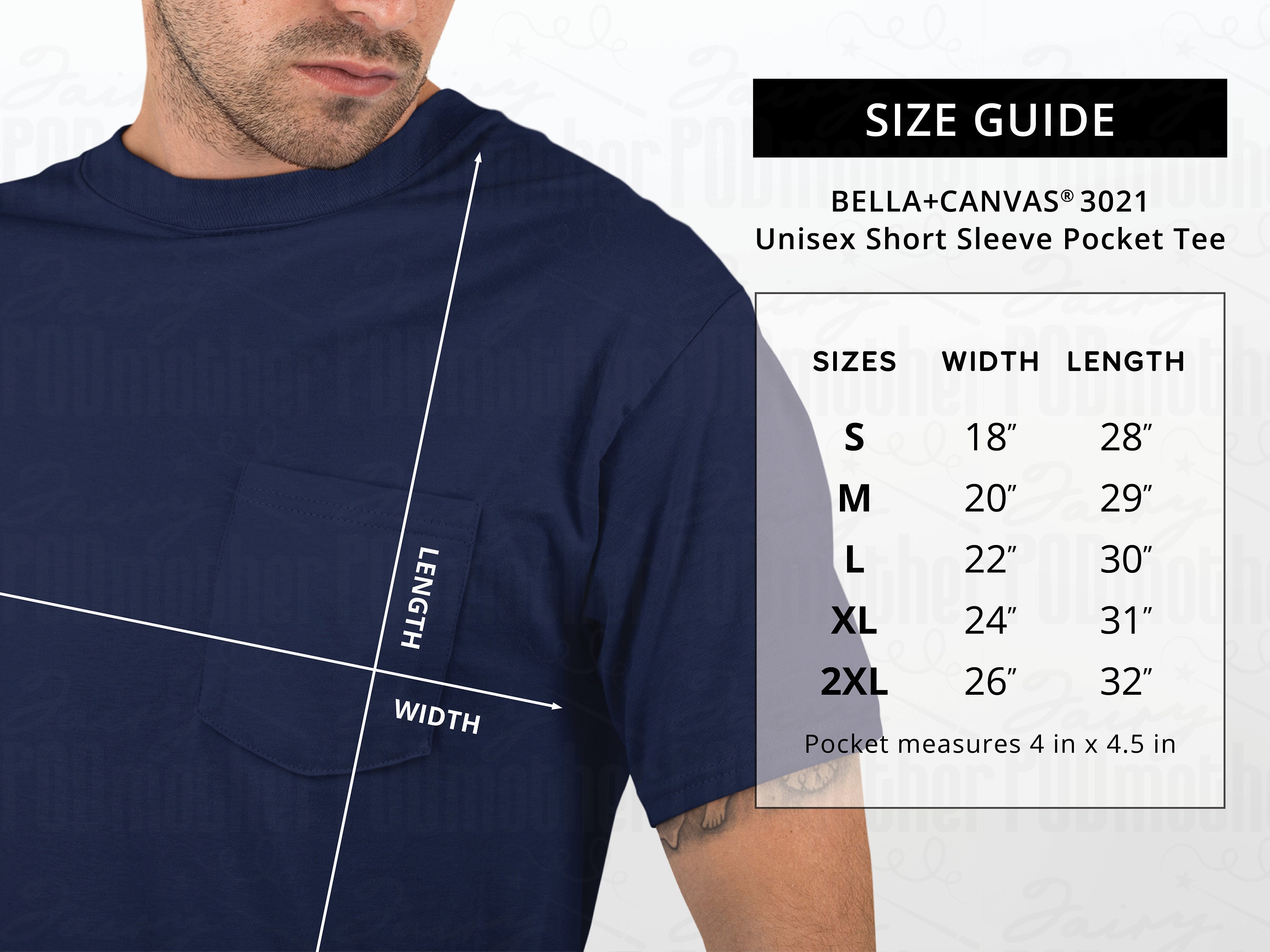POCKET Shirt Size Chart, Bella Canvas 3021 Size Guide, Mockup for ...