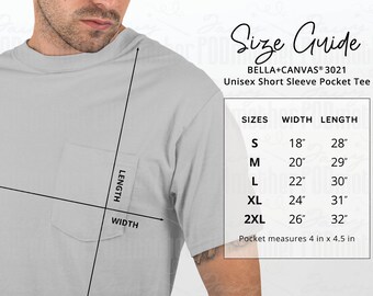 POCKET Shirt Size Chart, Bella Canvas 3021 Size Guide, Mockup for ...